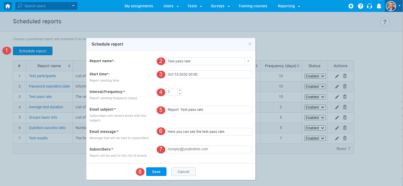 How to schedule the sending of reports | YouTestMe