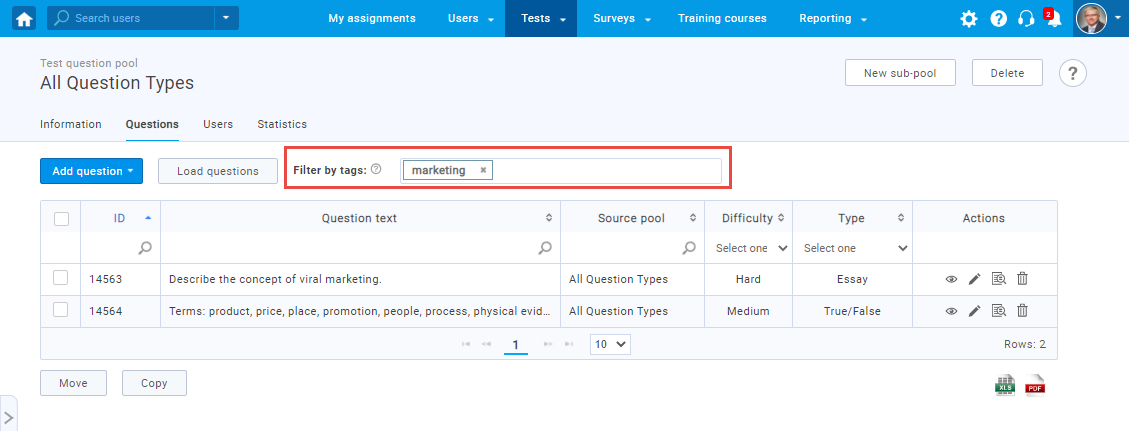 How to filter questions in question pools | YouTestMe
