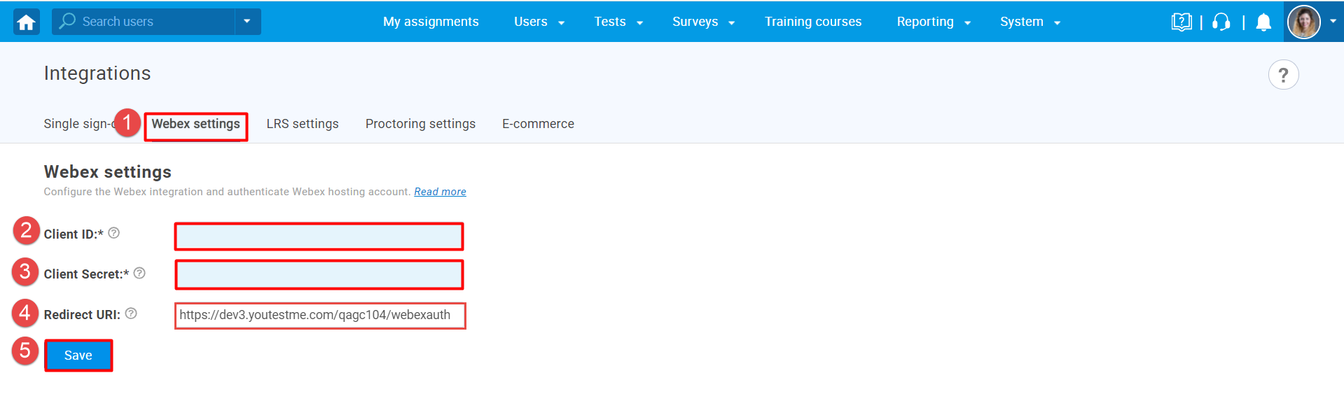 How to set up the Webex integration | YouTestMe